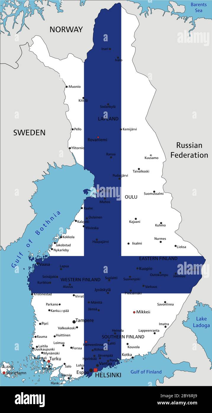 Finland highly detailed political map with national flag isolated on ...
