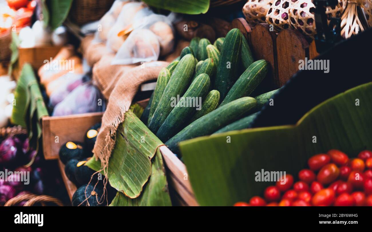 Cucumber in a box for sale at the market Vegetable market Stock Photo ...