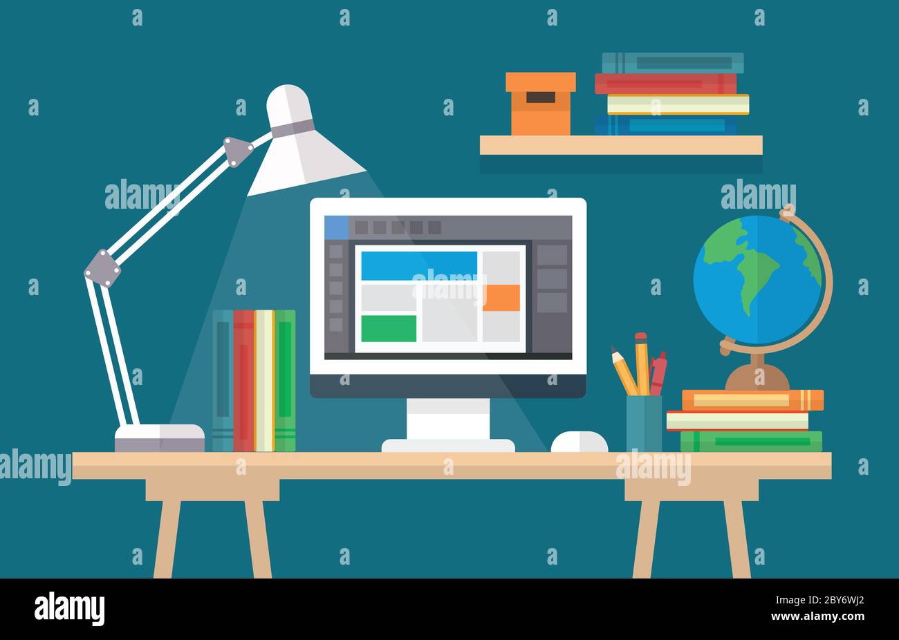 Learning and education, concept illustration with a desk with books ...