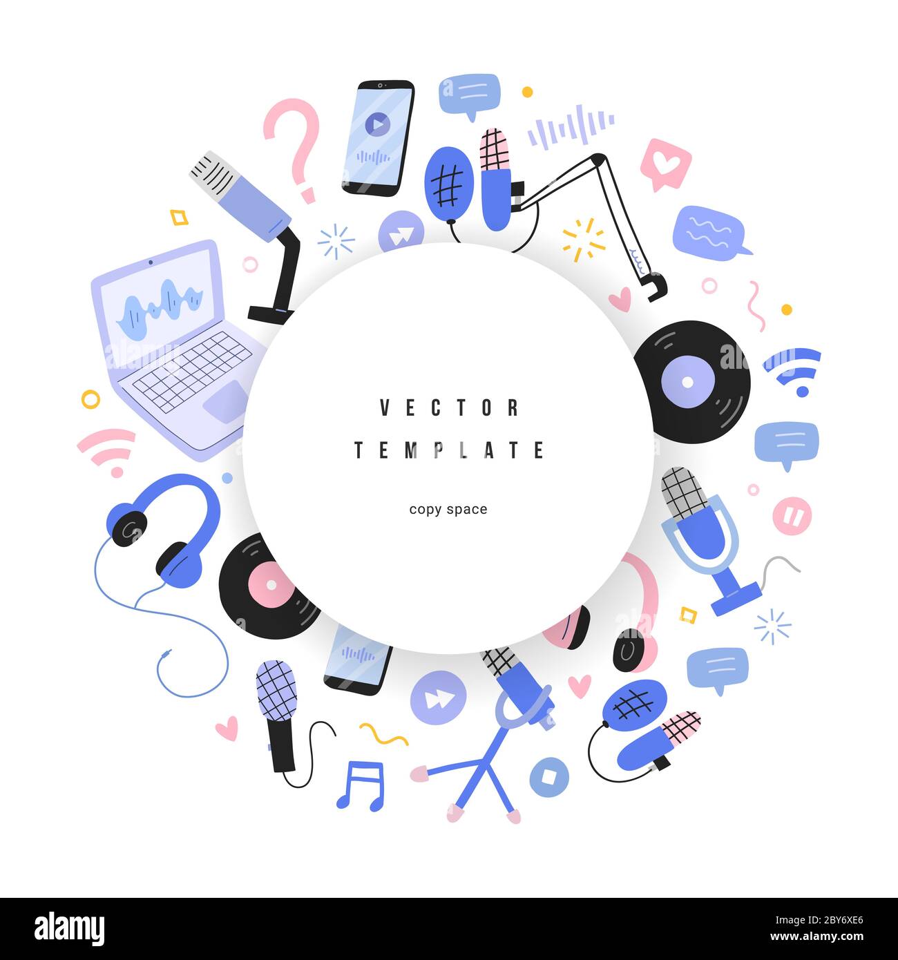 Podcast equipment frame border banner with copy space, various mics and ...