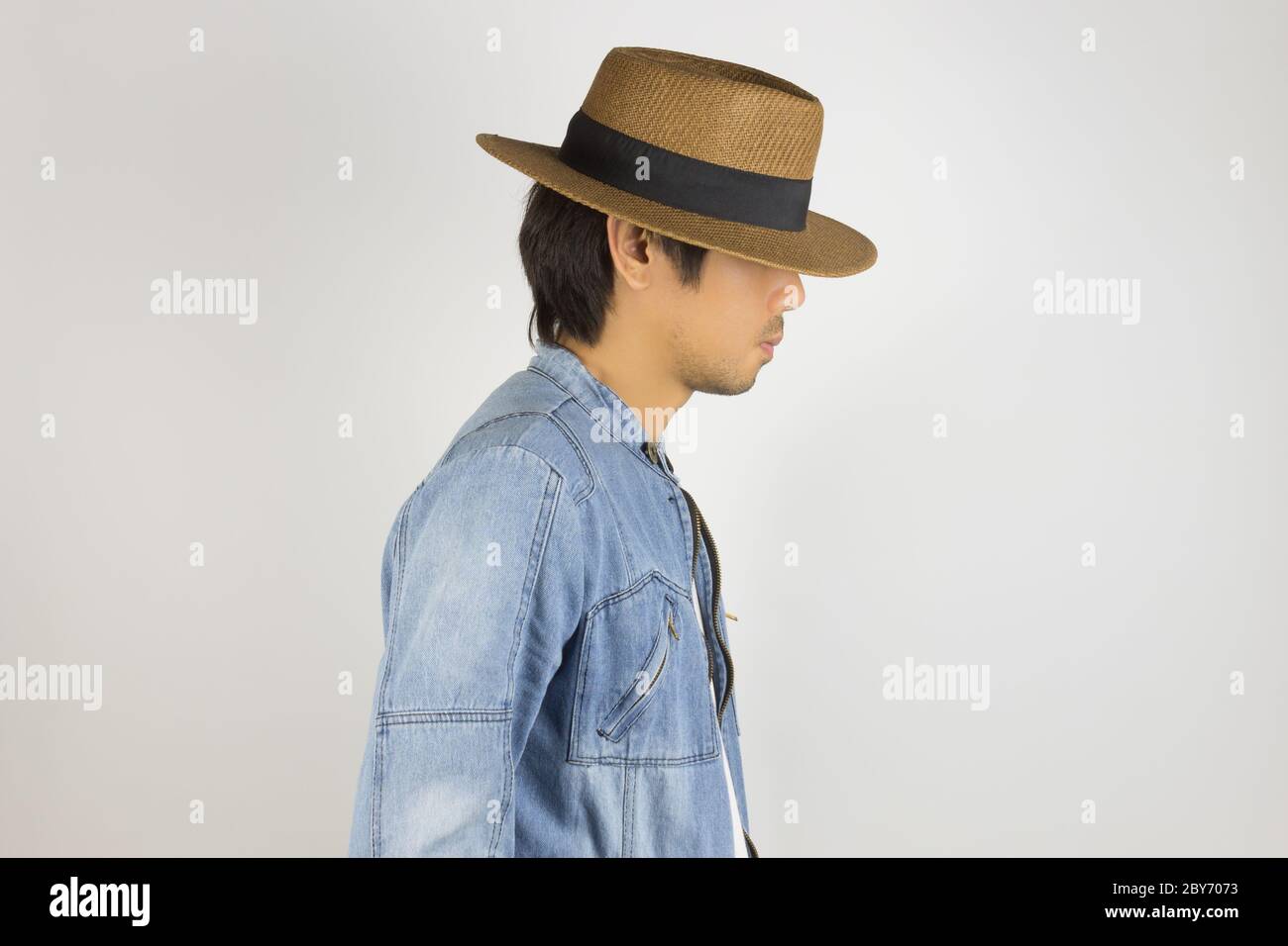 Young Asian Man in Jeans Jacket or Denim Jacket on Side View. Denim or ...