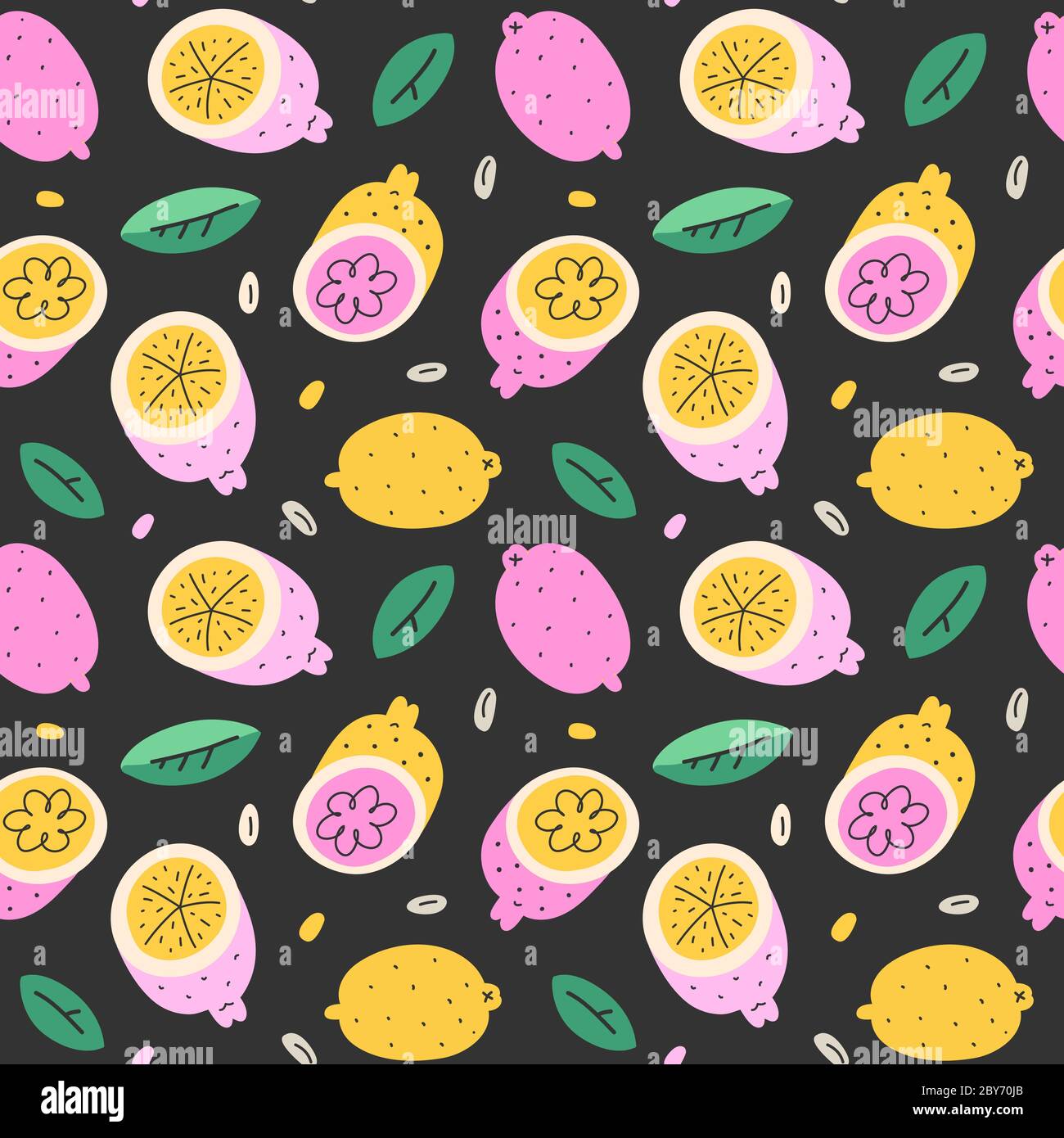 Lemon doodle pattern, bright cute citrus fruit drawing in scandinavian ...