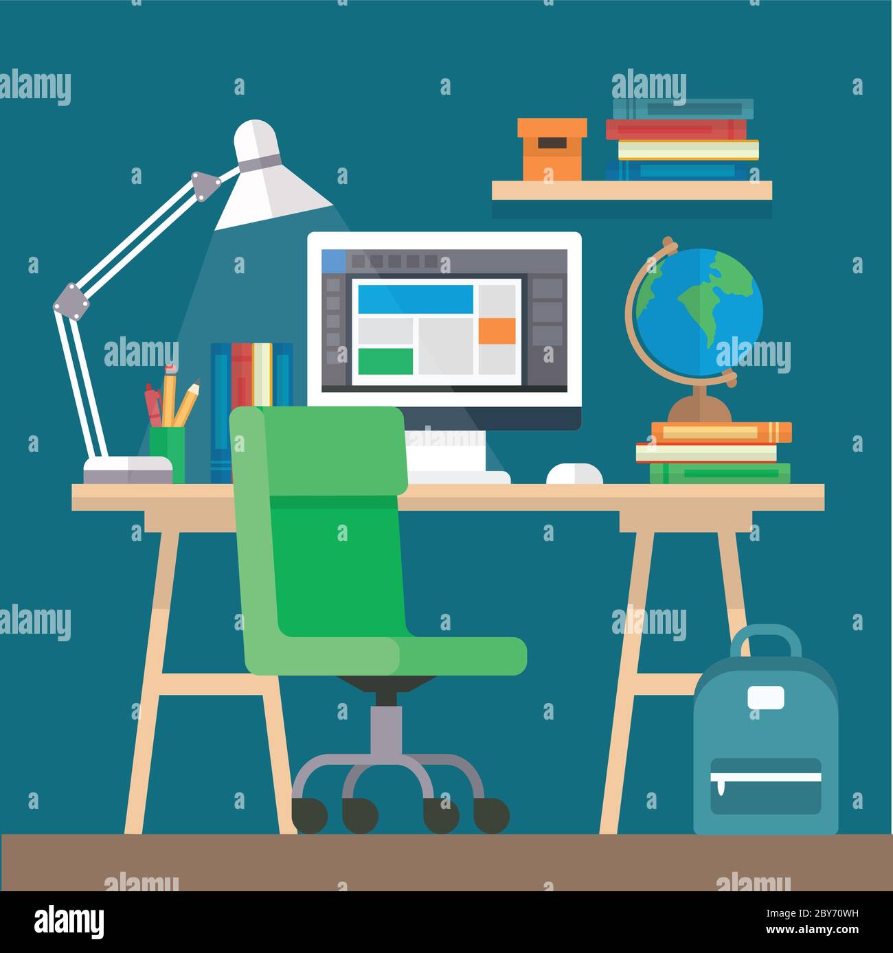Learning and education, concept illustration with a desk with books ...