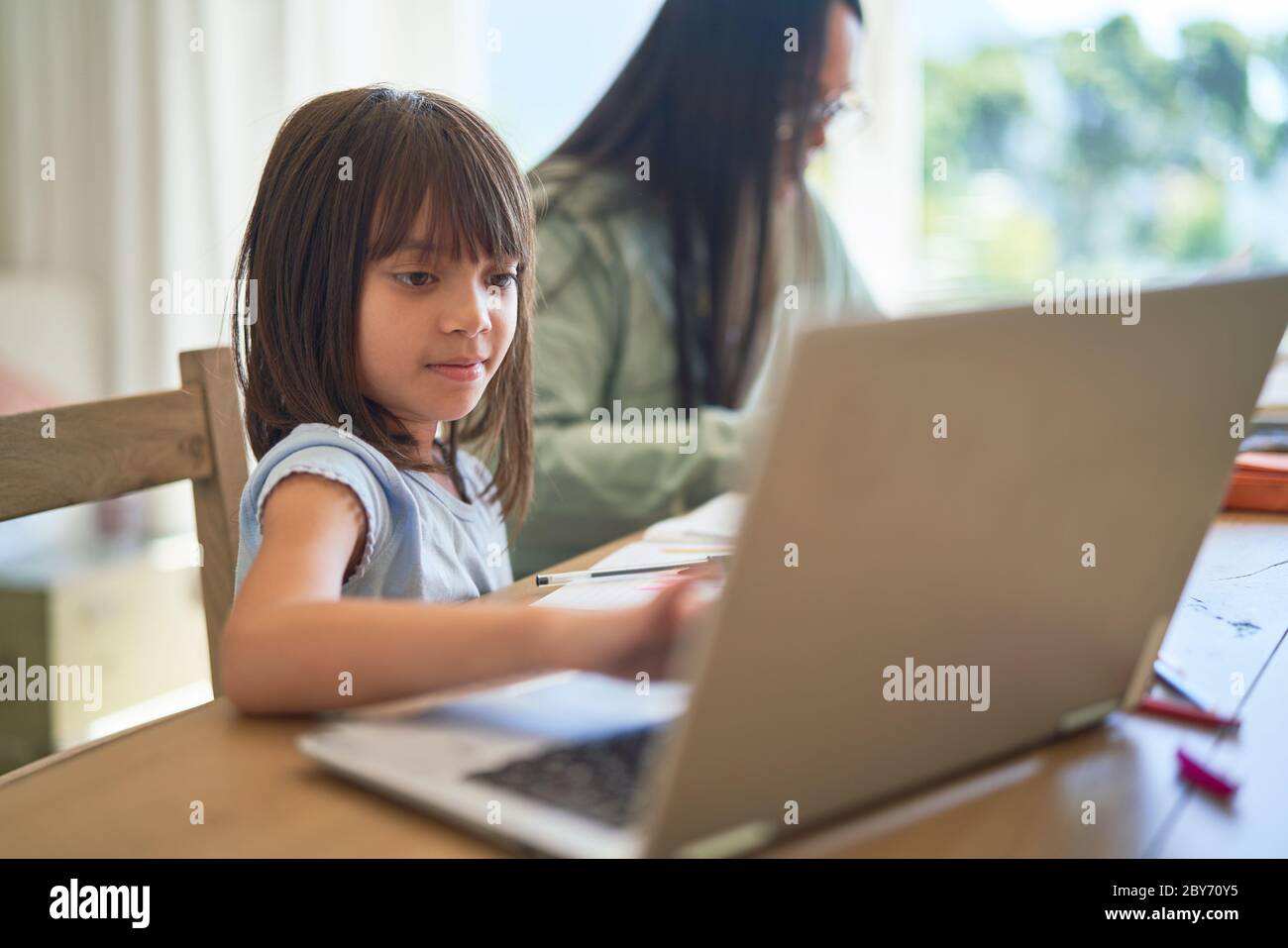Girl homeschooling at laptop Stock Photo - Alamy