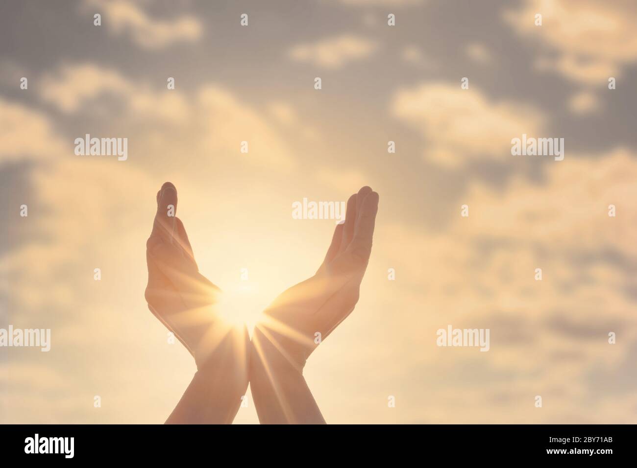 Woman hands, sun and sky. Freedom or solar power concept Stock Photo ...