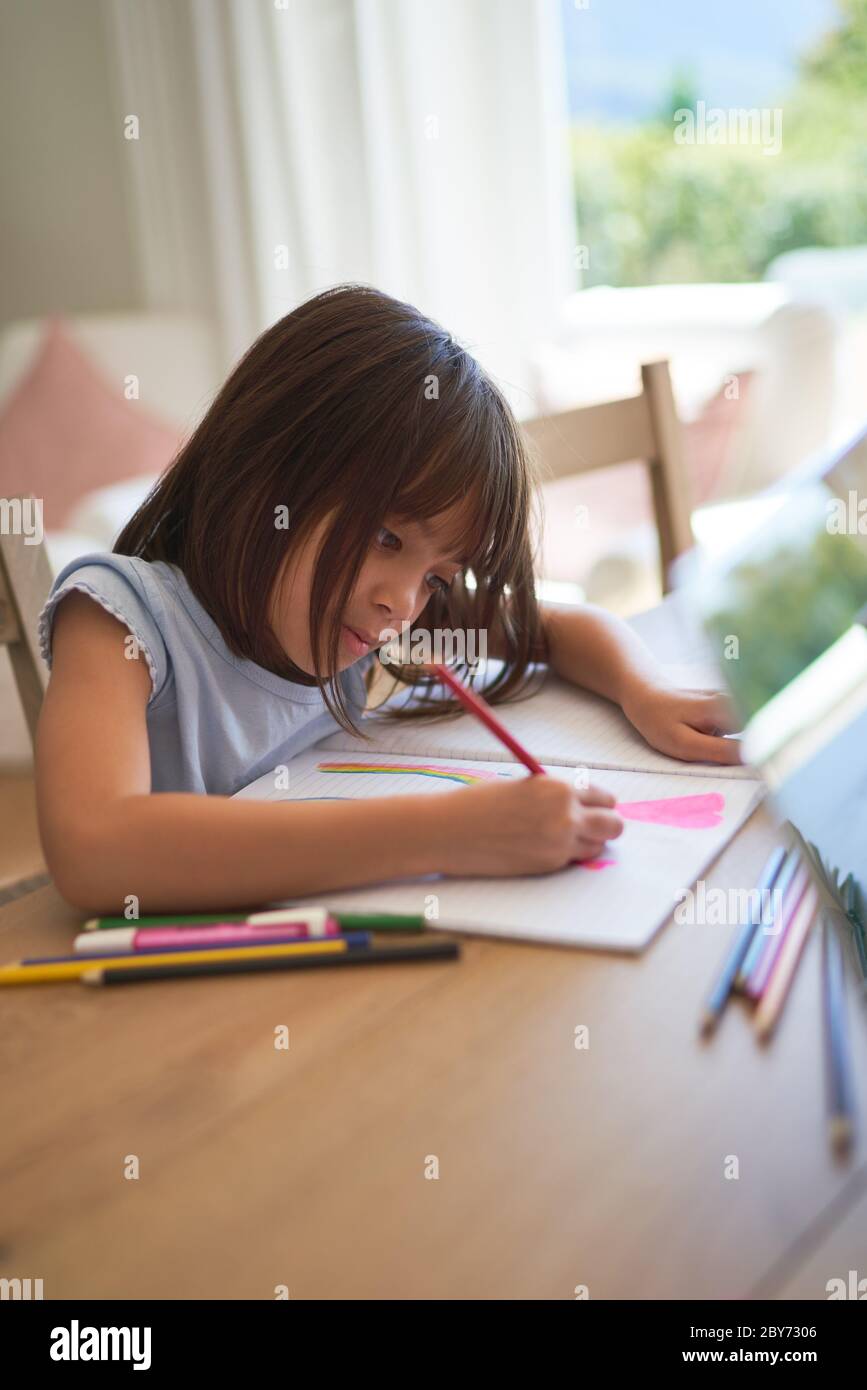 Girl drawing at table Stock Photo - Alamy