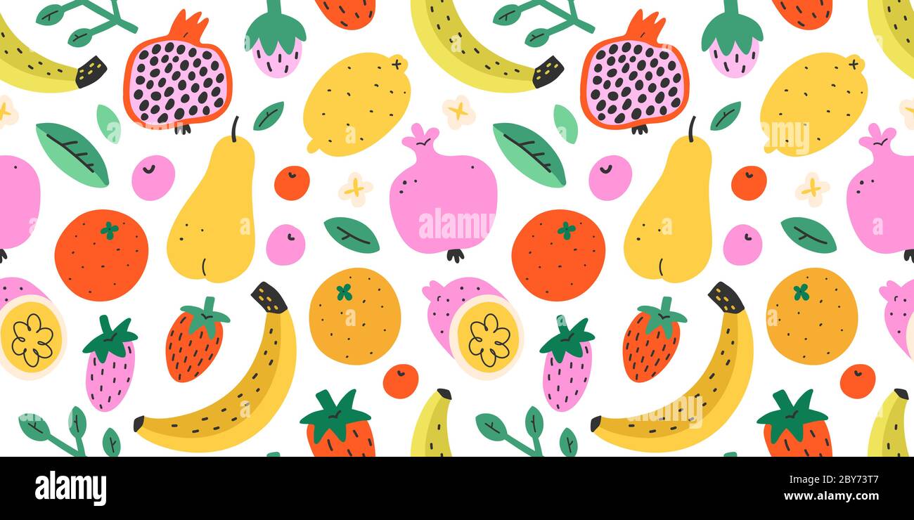 Summer fruit pattern, cute cartoon doodles, fresh tropical fruit mix ...