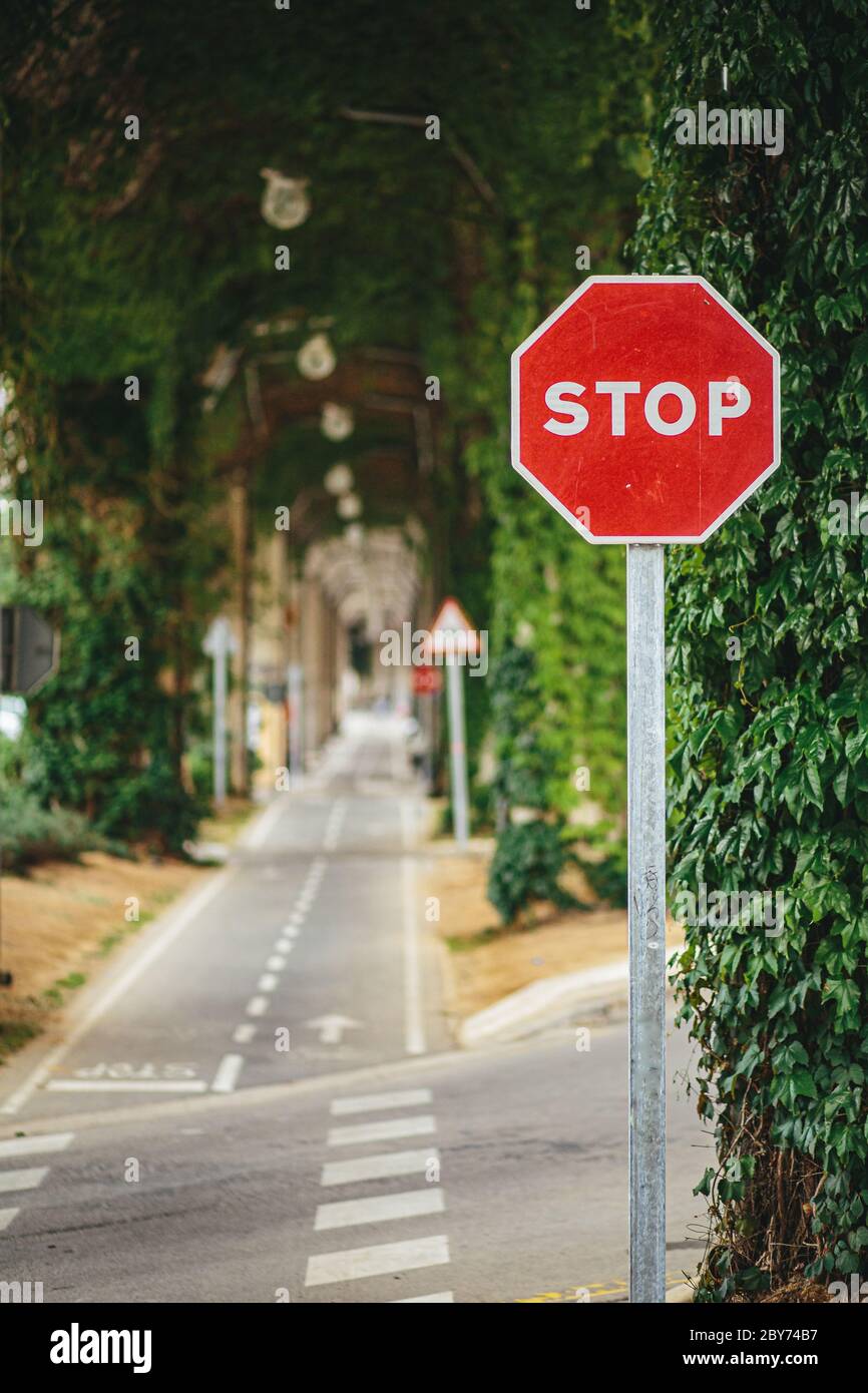 Stop traffic signal on a straight line tunnel under a green urban ...
