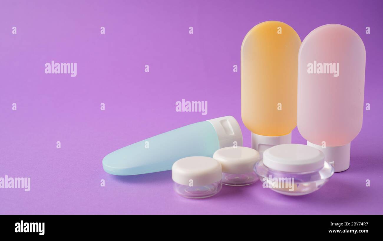 essential travel kit. toiletry kit. cosmetic bottles. small cosmetic ...