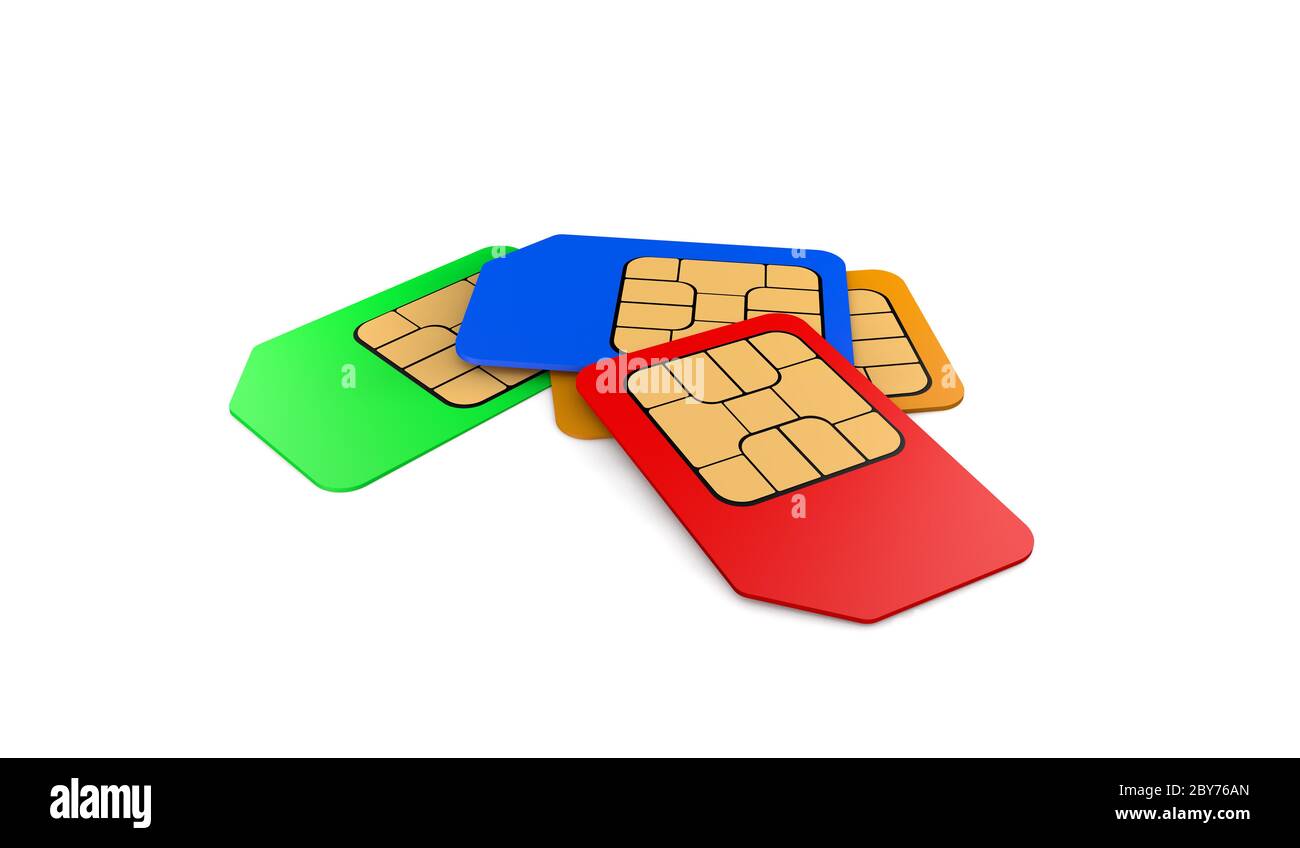 3D rendering colored sim card for mobile phones on white background ...