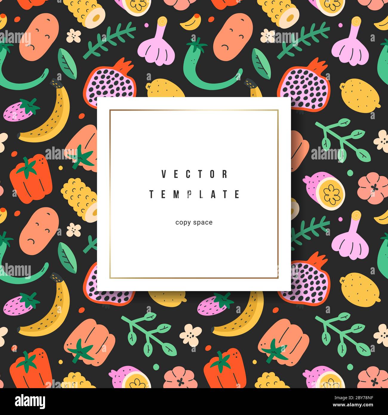Fruits vegetables frame, vector template with copy space and hand drawn ...
