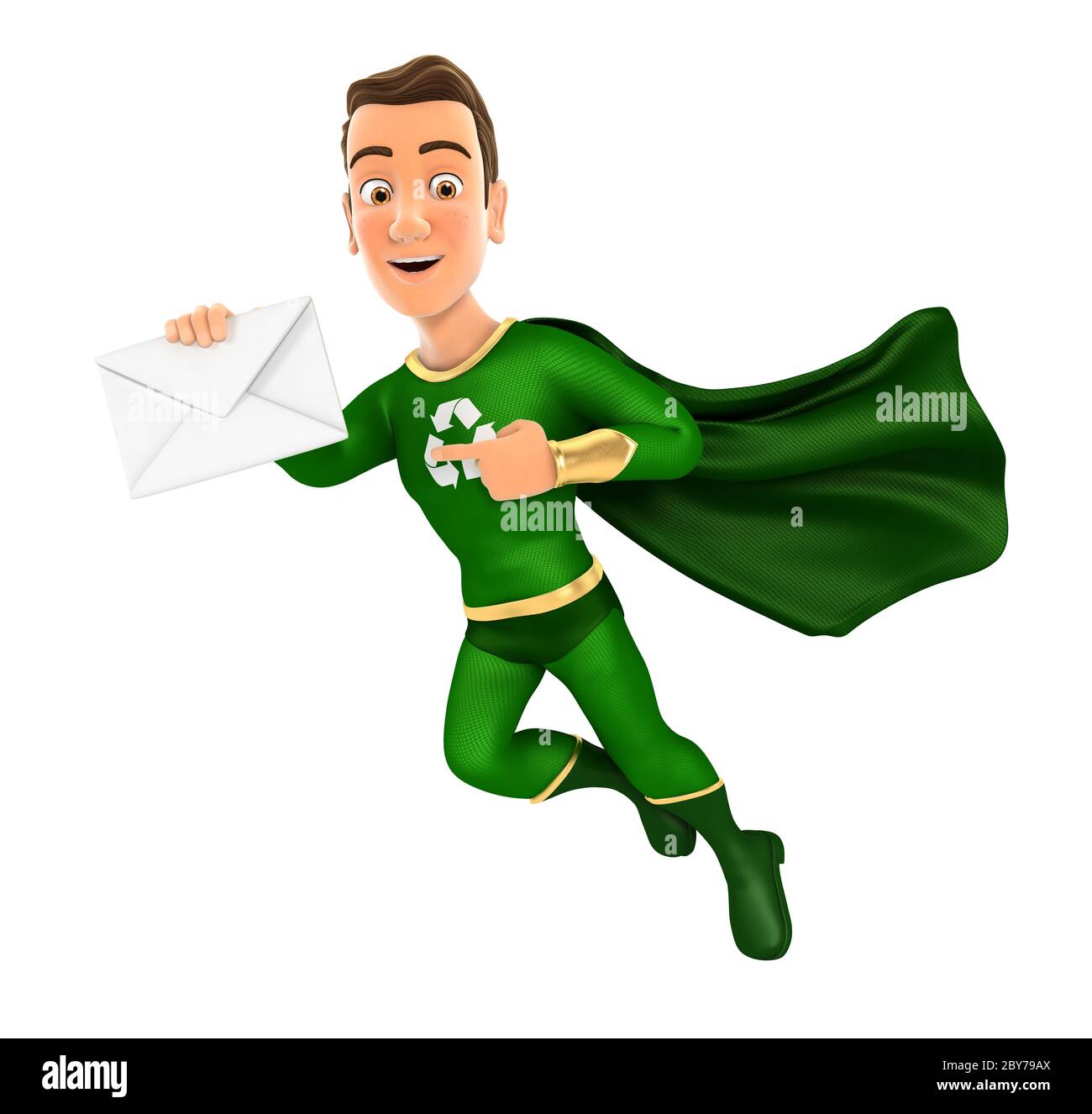3d green hero flying and pointing mail icon, illustration with isolated ...