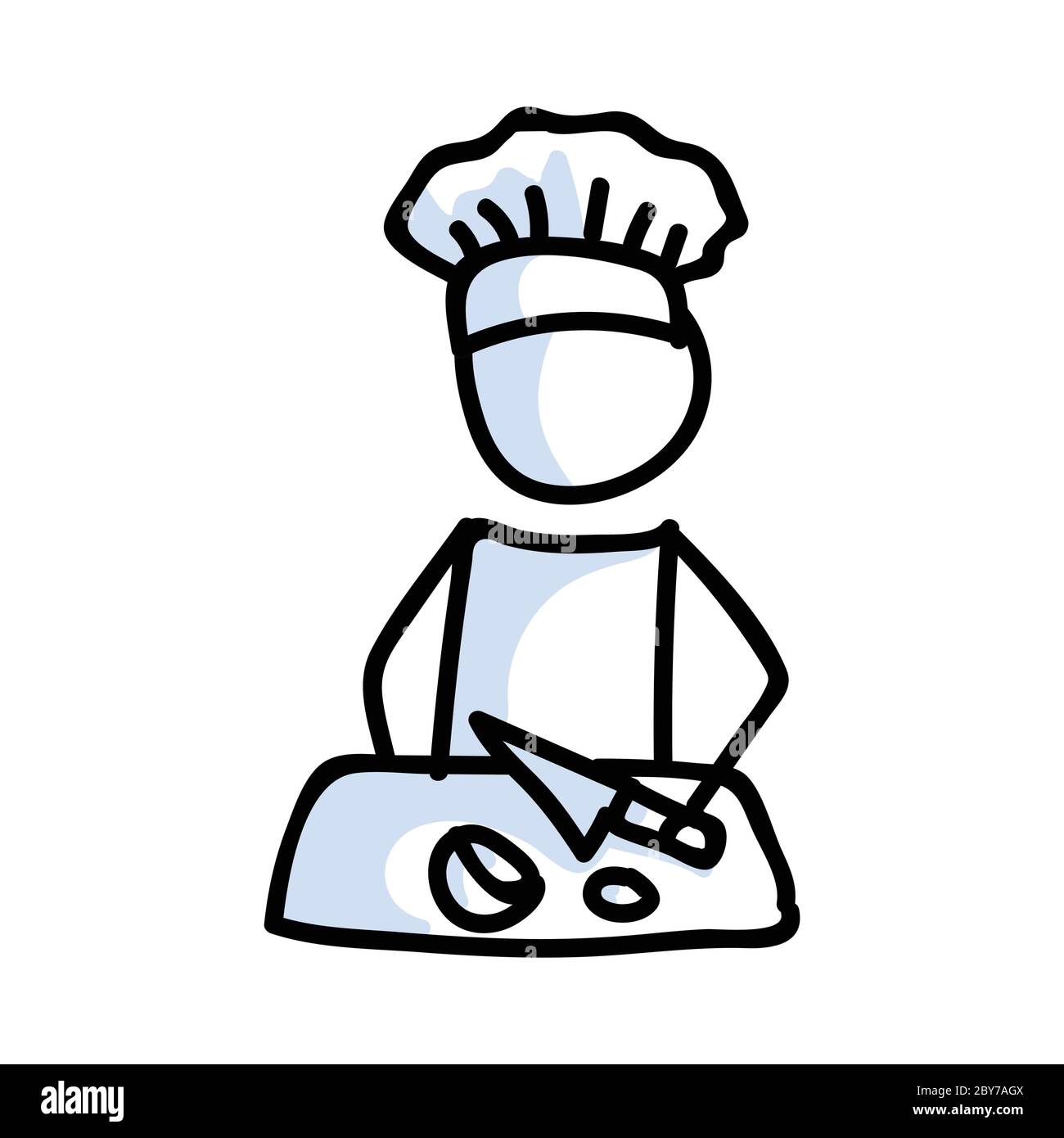 Cute stick figure chef cooking and chopping ingredients lineart icon ...