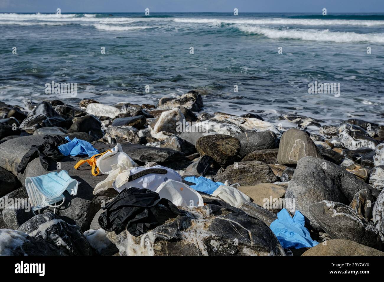 Medical waste,dirty used masks and plastic gloves garbage discarded on ...