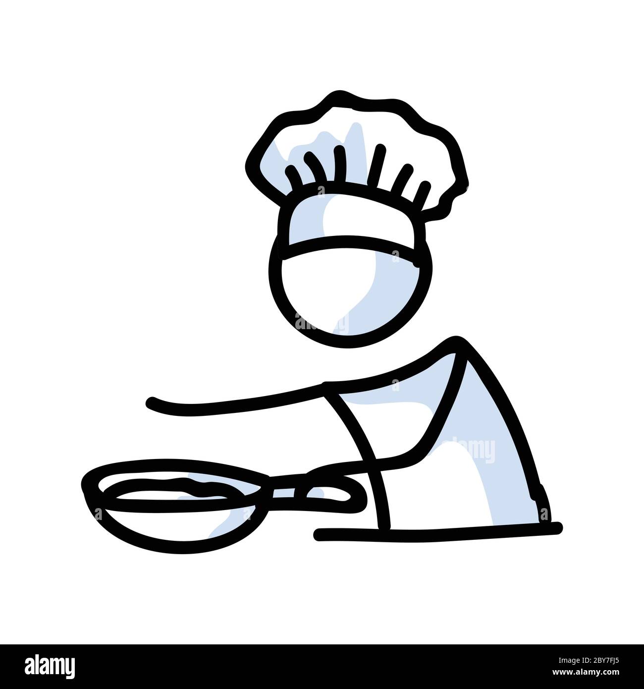 Cute stick figure chef cooking with frying pan lineart icon. Dinner ...