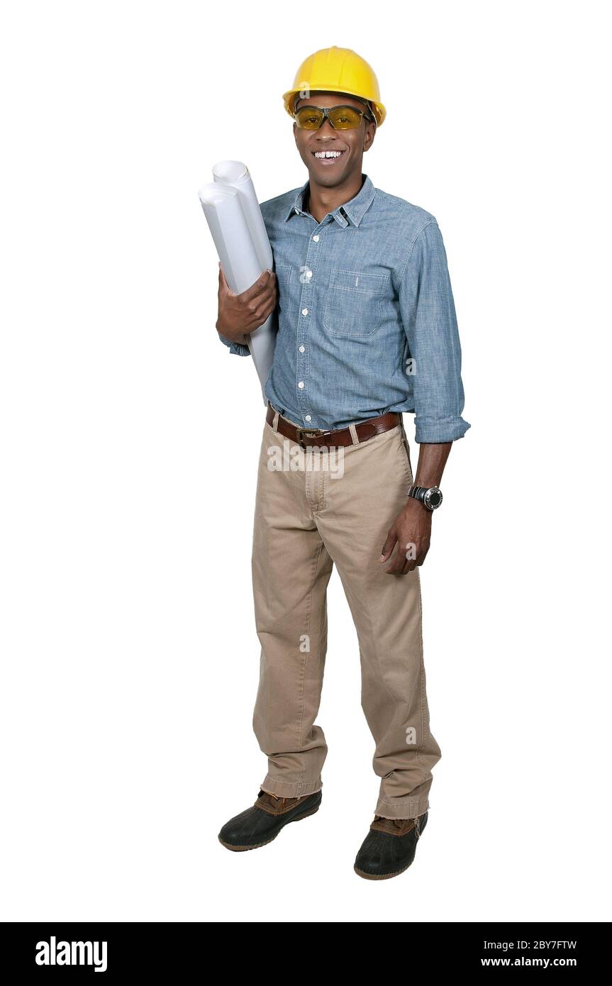 Construction Worker with Blueprints Stock Photo - Alamy