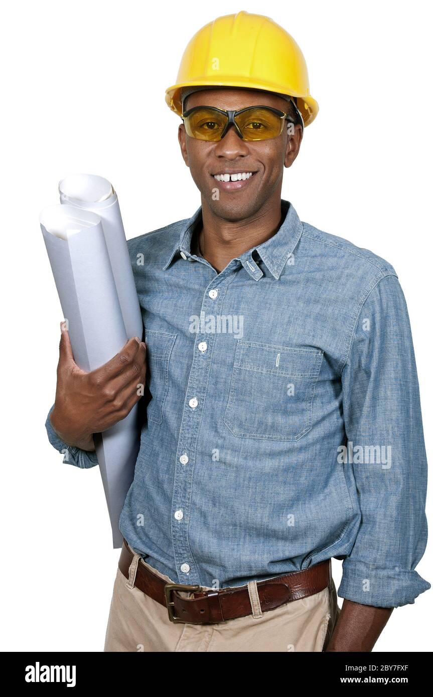 Construction Worker with Blueprints Stock Photo - Alamy