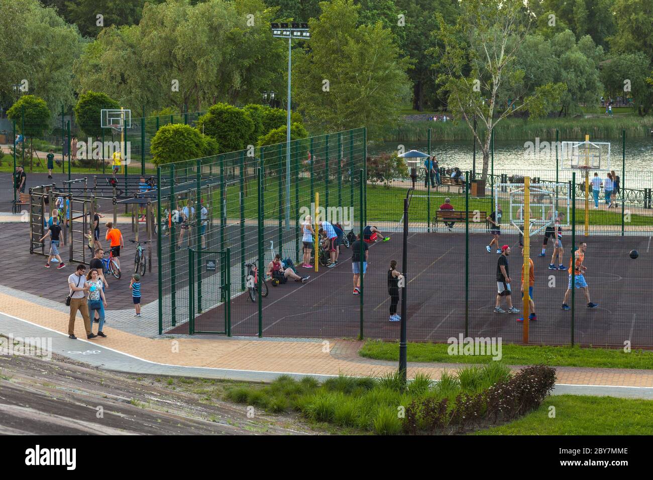 Kiev, Ukraine - June 7, 2020: Natalka Park on Obolon in Kiev. On a warm ...
