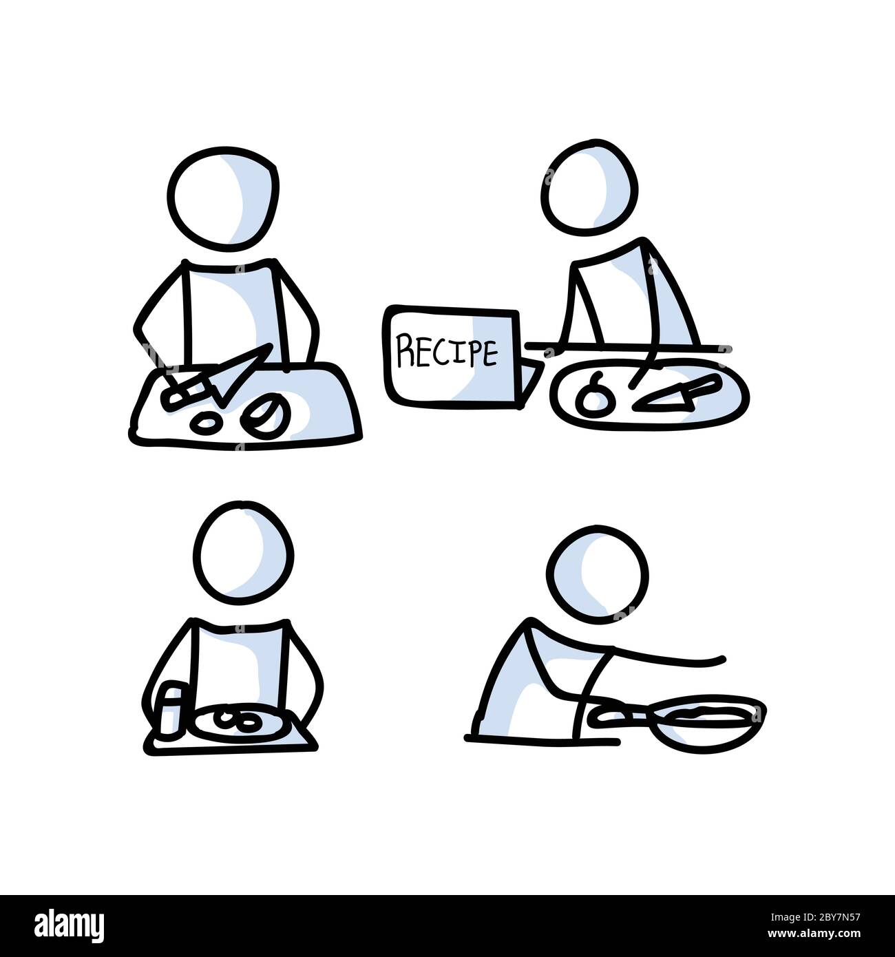Cute stick figure chef cooking recipe on laptop set lineart icon ...