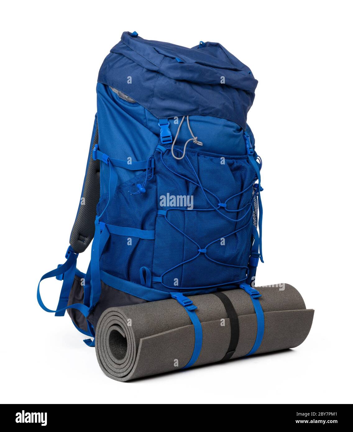 Blue hiking backpack with fitness mat isolated on white Stock Photo - Alamy