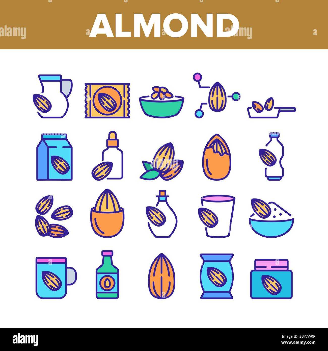 Almond Natural Food Collection Icons Set Vector Stock Vector Image ...