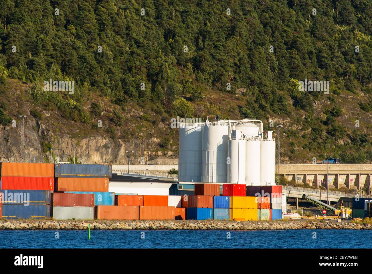 View on container port and silo storage in Oslo Stock Photo - Alamy