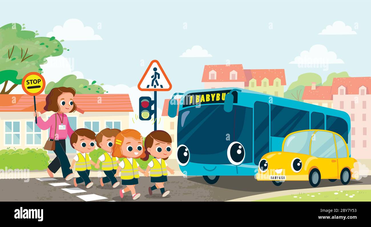 Teacher and school kids cross the street. Children cross the street ...