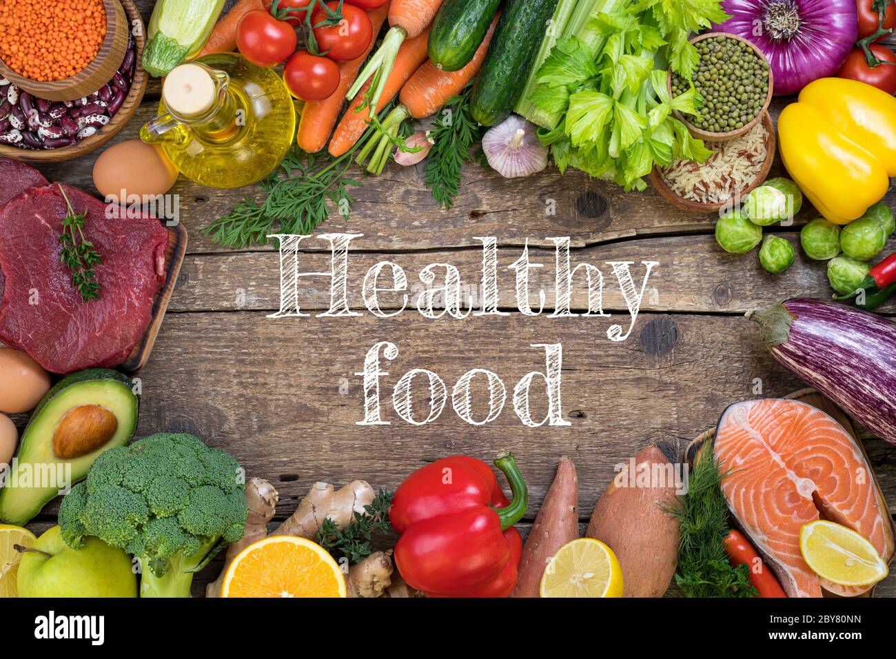 Healthy food background. Healthy food vegetables, fruit, meat, fish ...