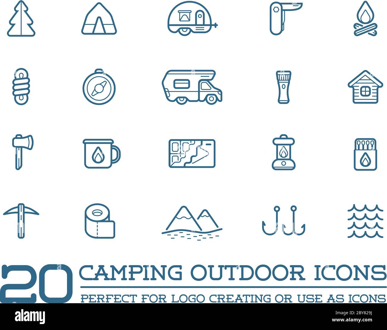 Set of Vector Camping Camp Elements and Outdoor Activity Icons ...