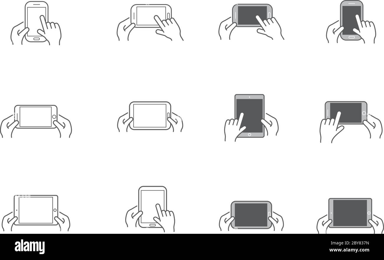 Set of Icons with Hands Holding Smart Device with Gestures Stock Vector ...