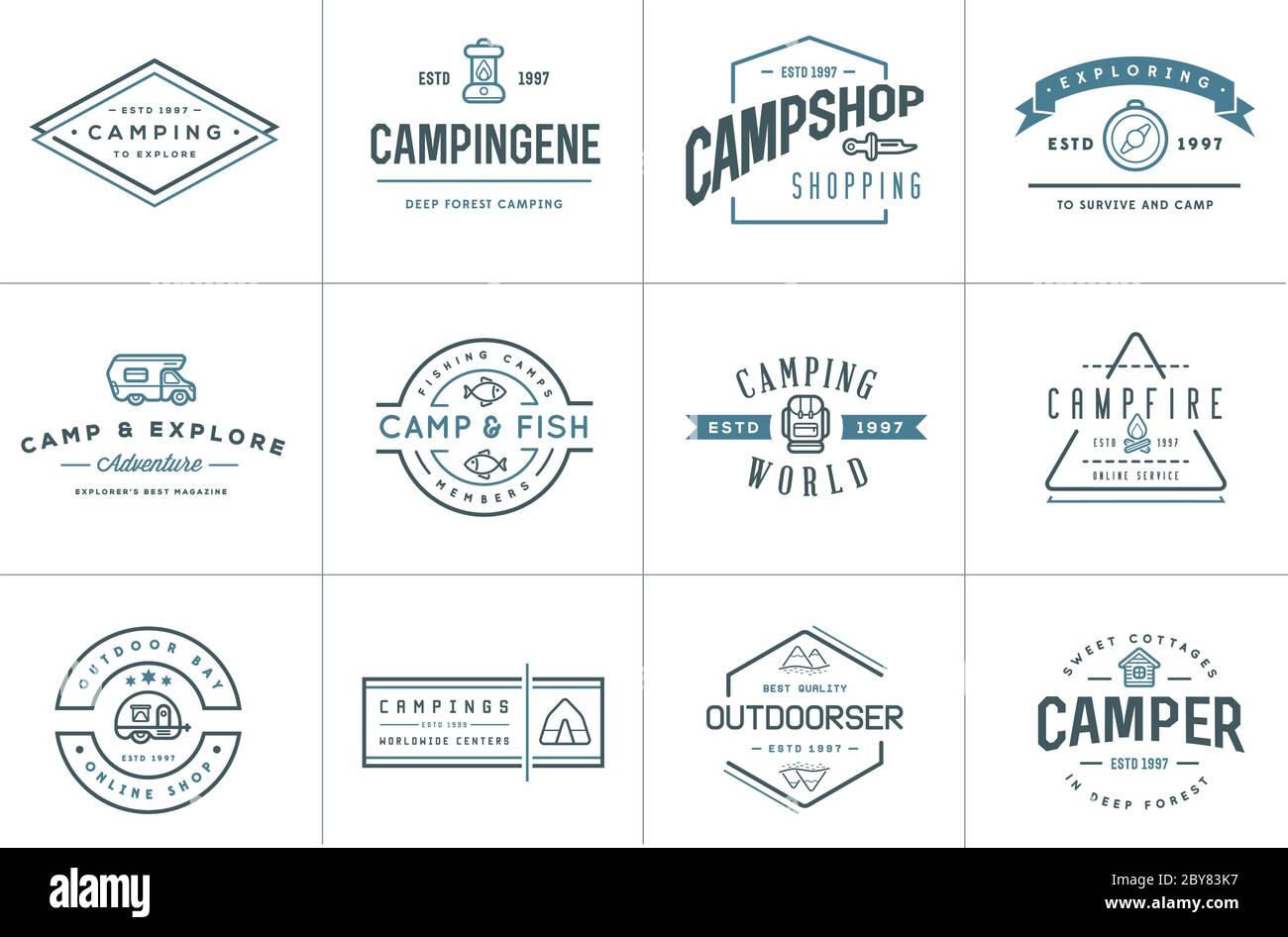 Set of Vector Camping Camp Elements With Fictitious Names and Outdoor ...