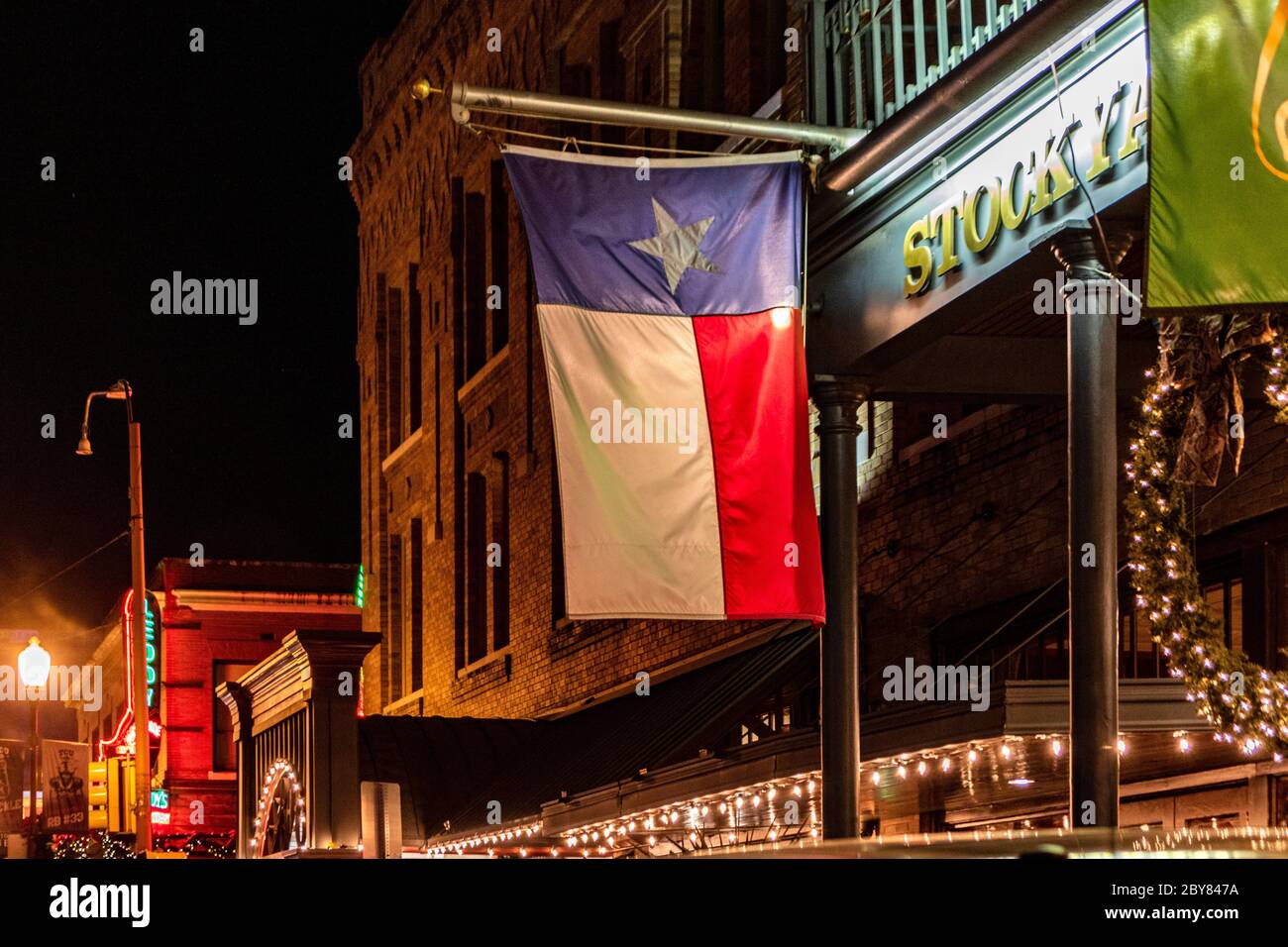 Fort Worth, Stockyards,Texas,Texas flag,USA,night Stock Photo - Alamy