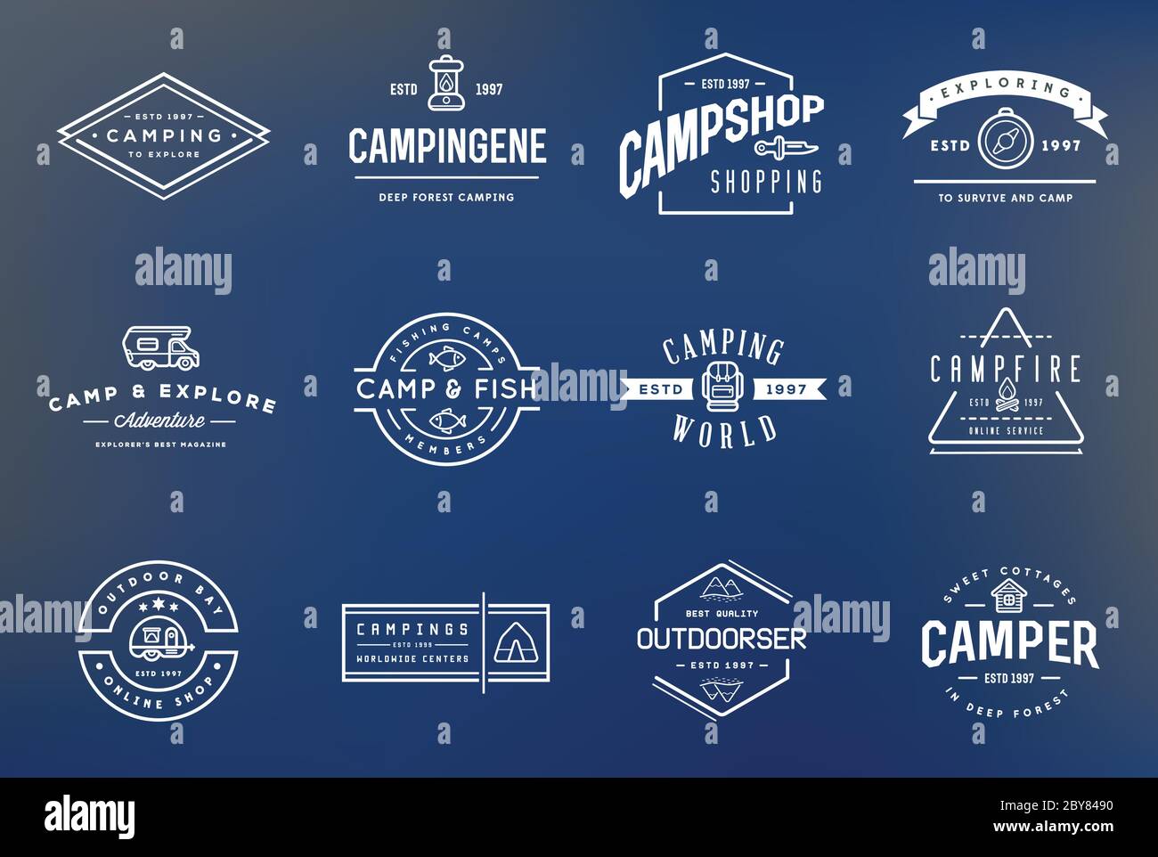 Set of Vector Camping Camp Elements With Fictitious Names and Outdoor ...