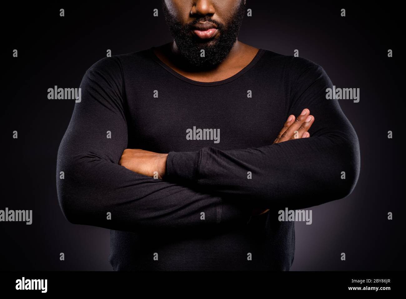 Cropped photo of serious afro american guy cross hands ready fight for ...