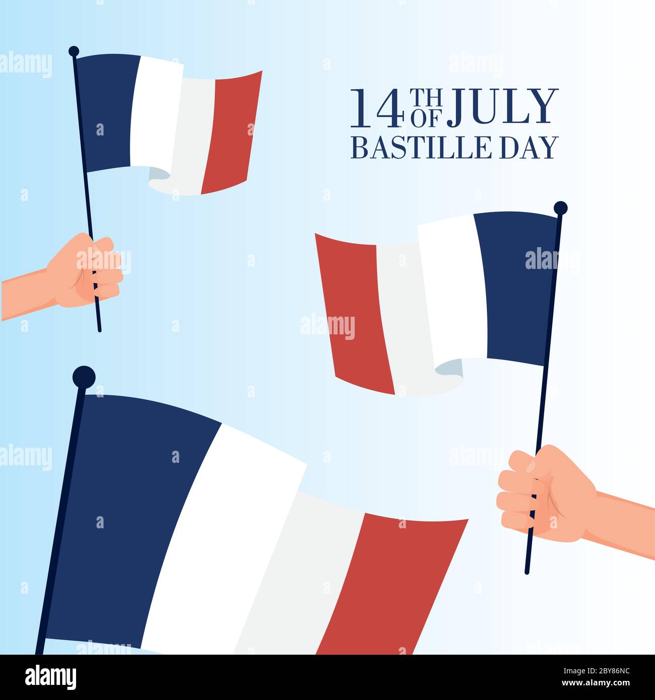 bastille day celebration card with hand waving france flags vector ...