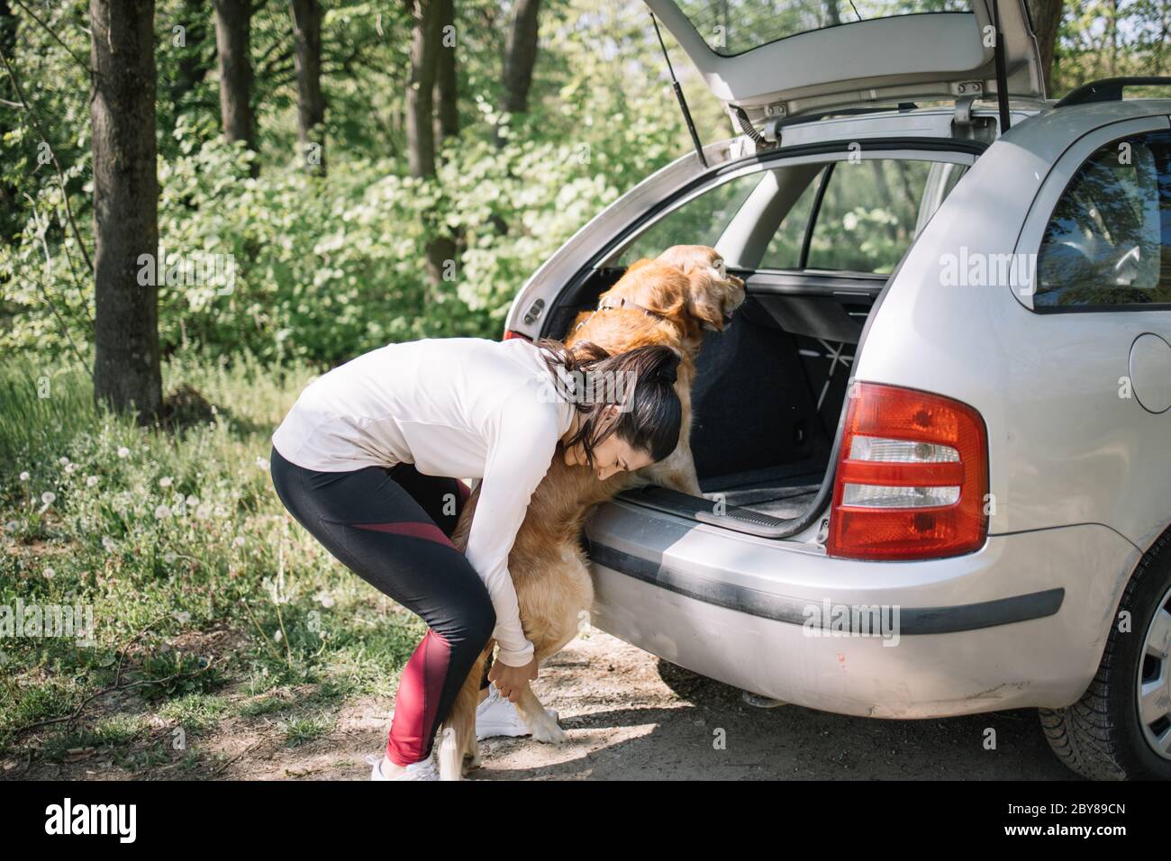 Girl and dog going home after a walk in park Stock Photo - Alamy