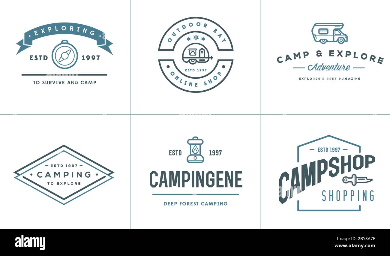 Set of Vector Camping Camp Elements With Fictitious Names and Outdoor ...
