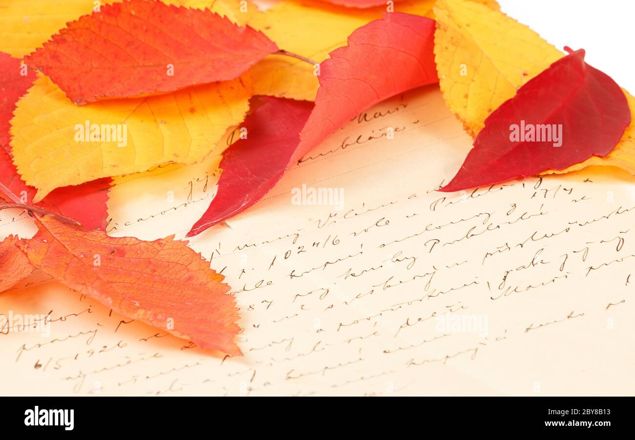 handwritten letter with autumn leaves Stock Photo - Alamy
