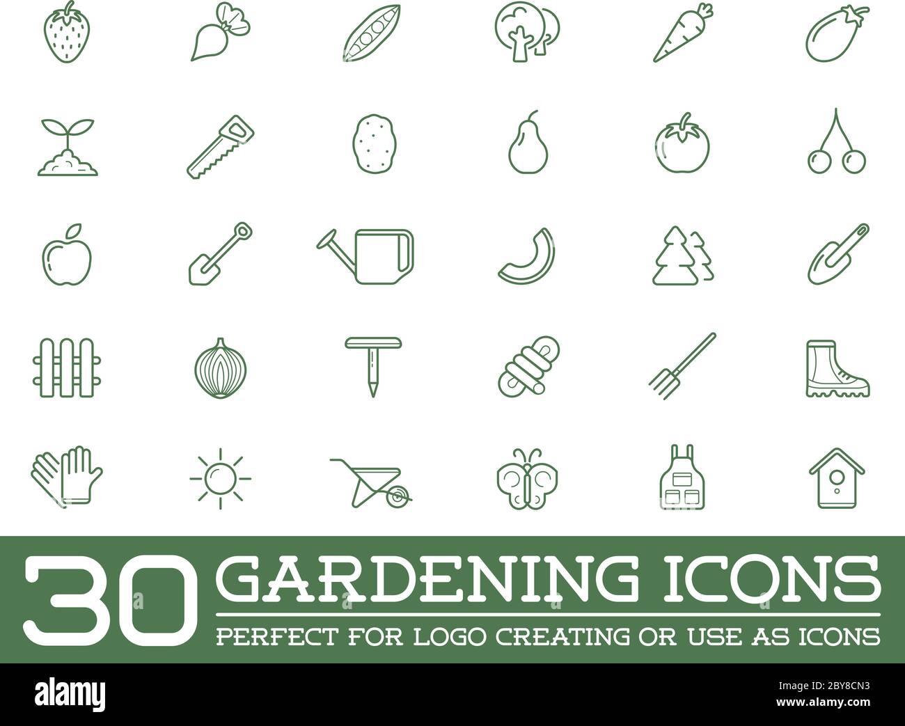 Set of Vector Garden and Farm Elements and Fruits or Vegetables Icons ...