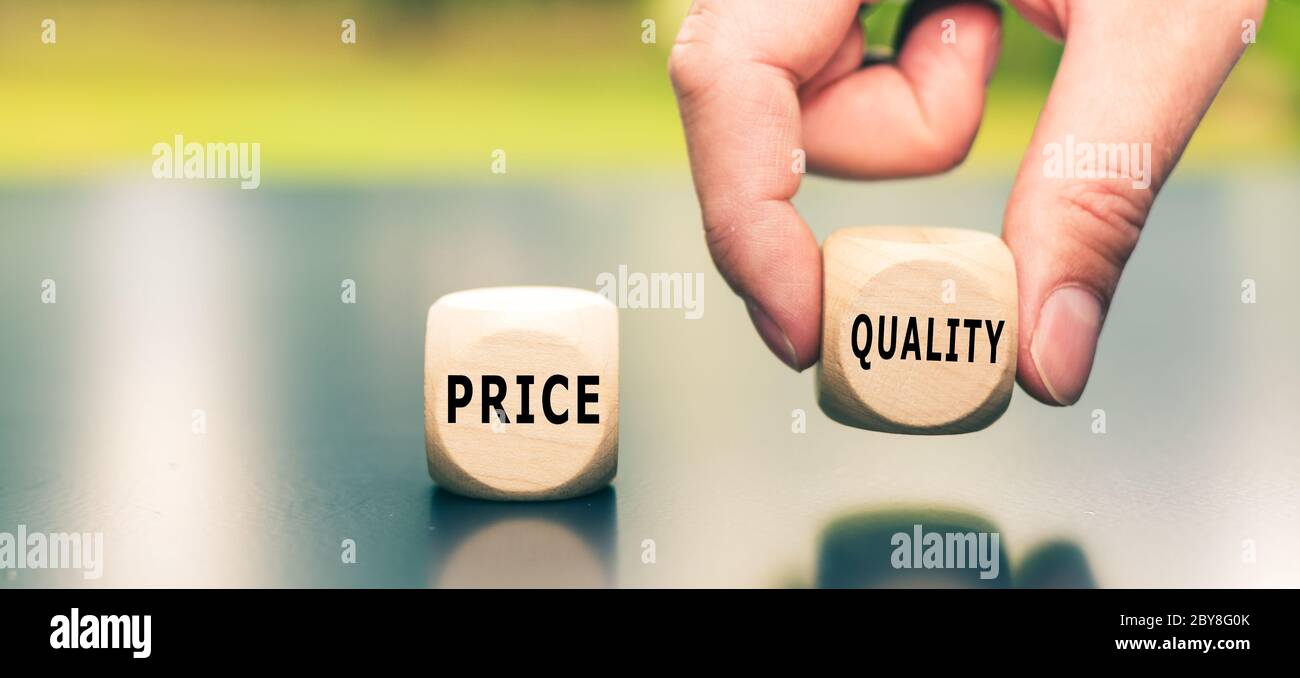 Price versus Quality. The cube with the word "quality" is selected by a ...