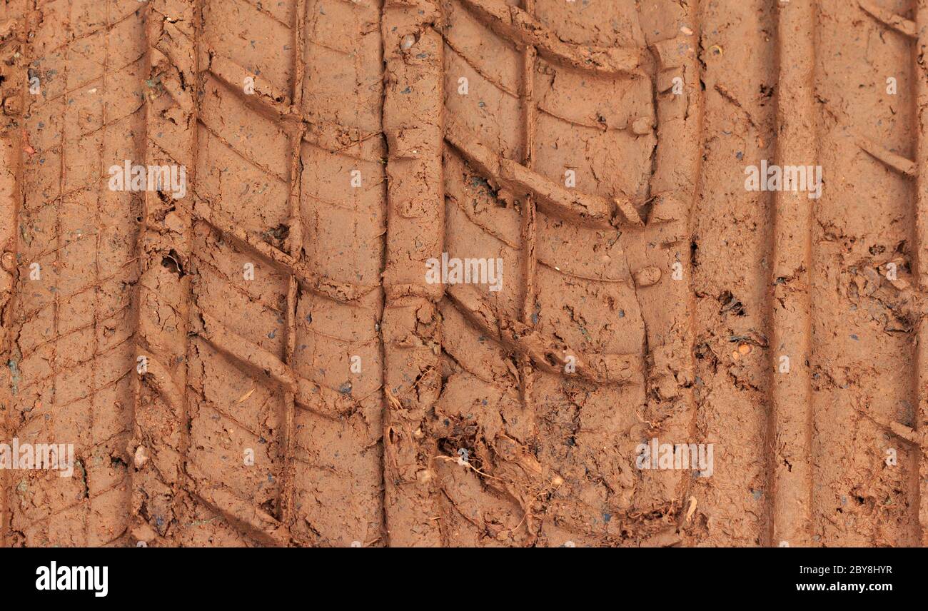 Vertical Tyre tracks in copper coloured mud Stock Photo - Alamy