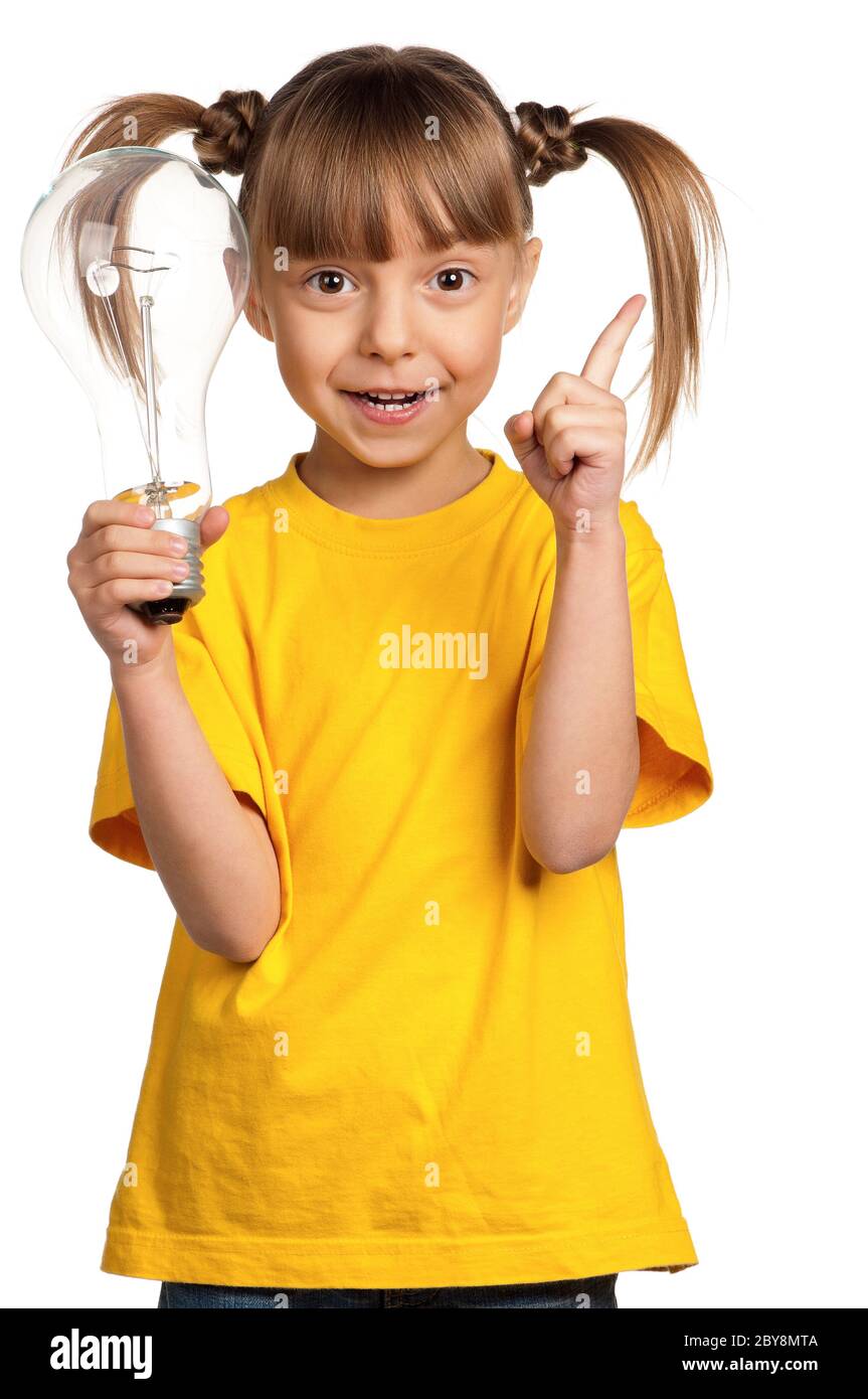 Girl with light bulb Stock Photo - Alamy