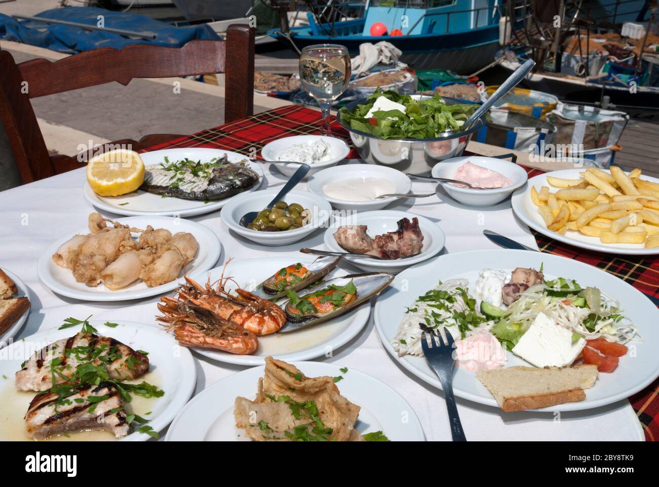 Seafood Meze at harbour front restaurant, Latsi, Cyprus (South Stock ...