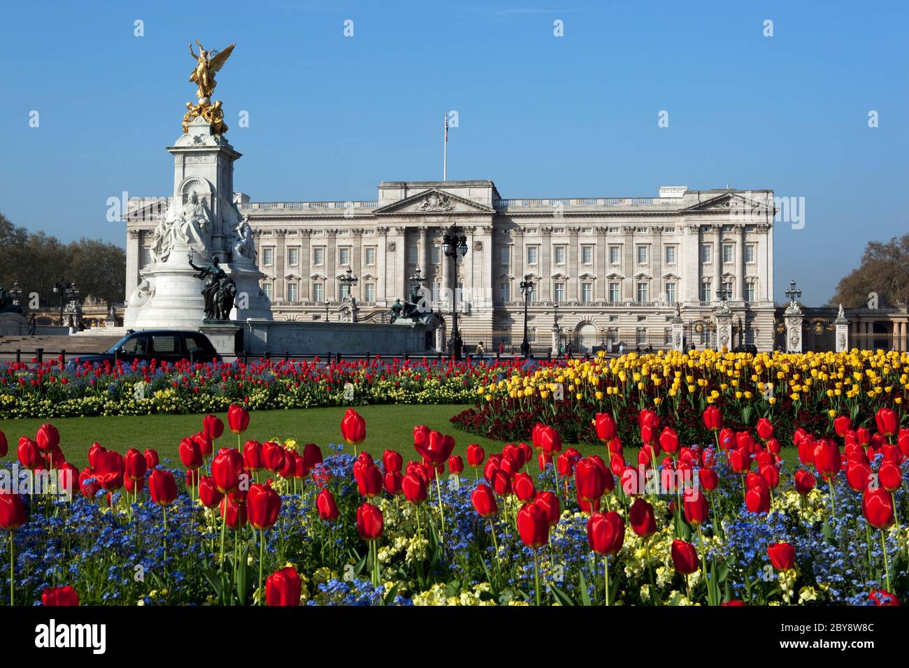Buckingham Palace and the Queen Victoria Memorial with Spring Tulips ...