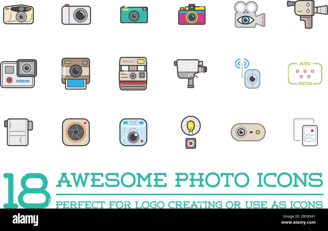 Set of Vector Photo Camera Photography Elements and Video Camera Icons ...