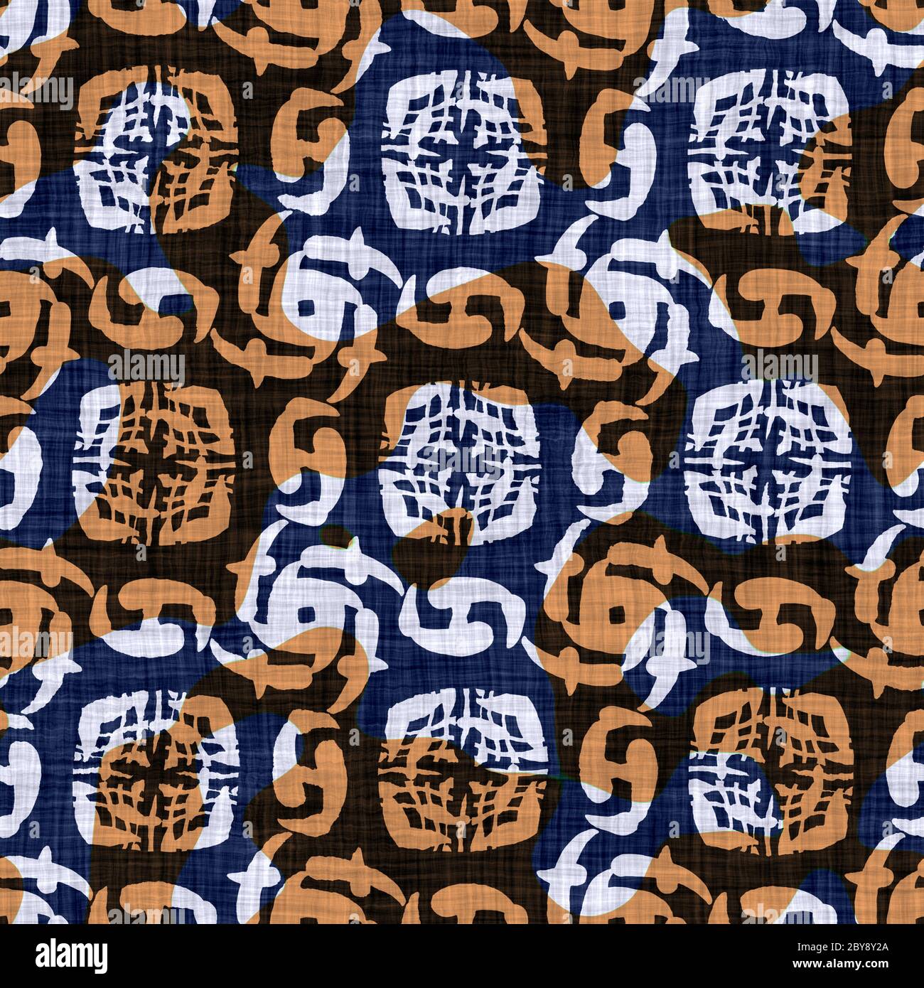 Seamless indigo dyed bandana texture. Blue orange stain woven cotton ...