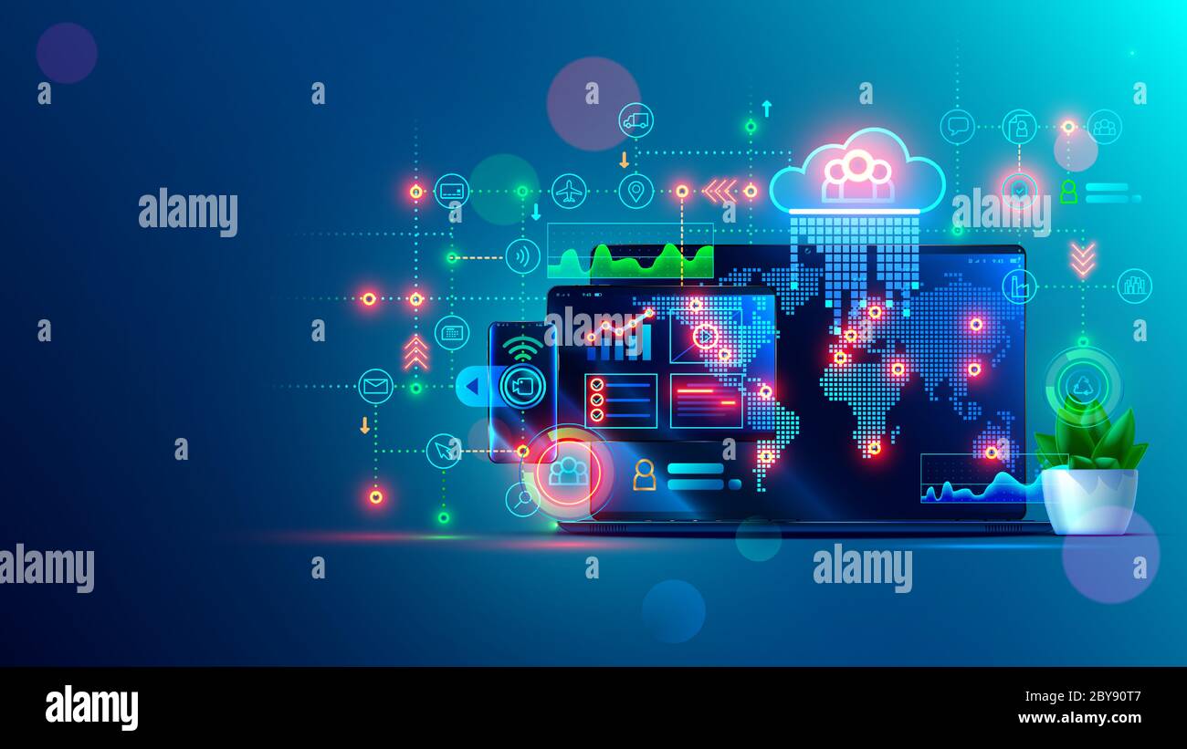 Remote collaboration in home office on laptop. Business management via ...