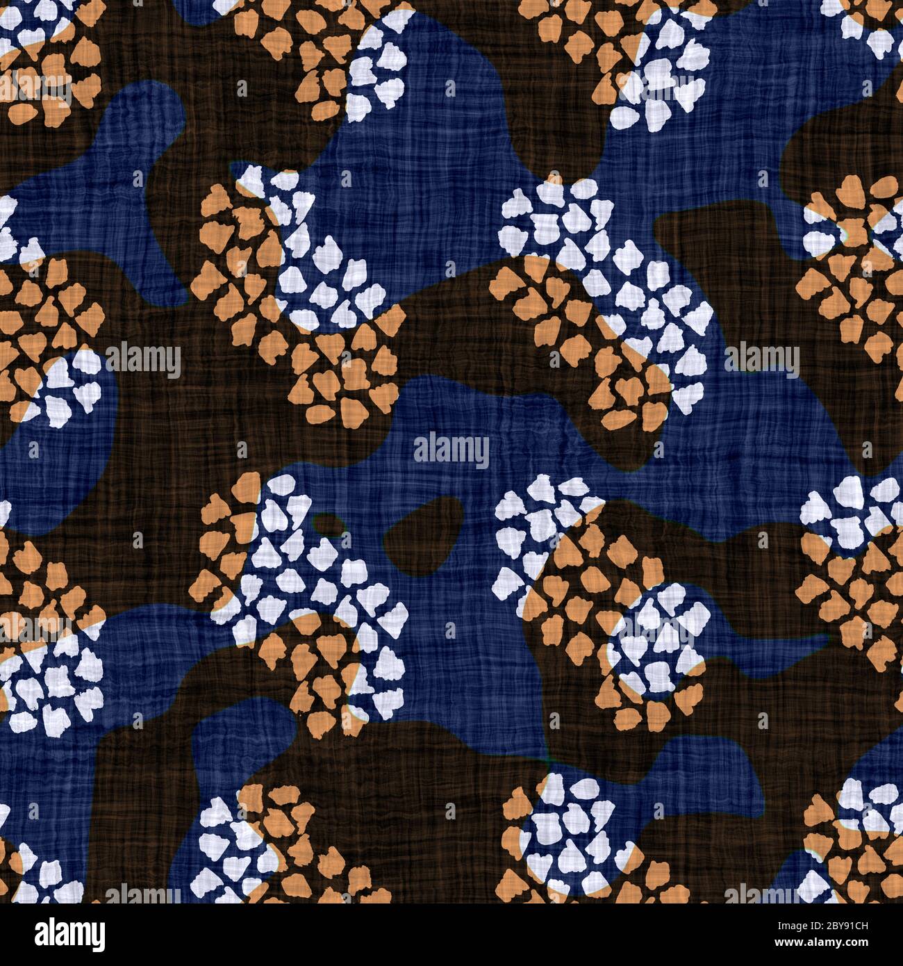 Seamless indigo dyed bandana texture. Blue orange stain woven cotton ...