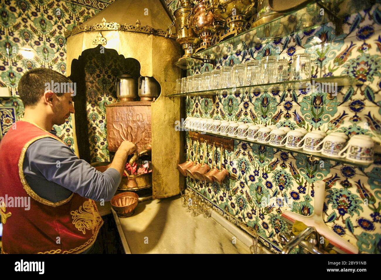 Waiter preparing Turkish Coffees in the kitchen of Pierre Loti Cafe ...