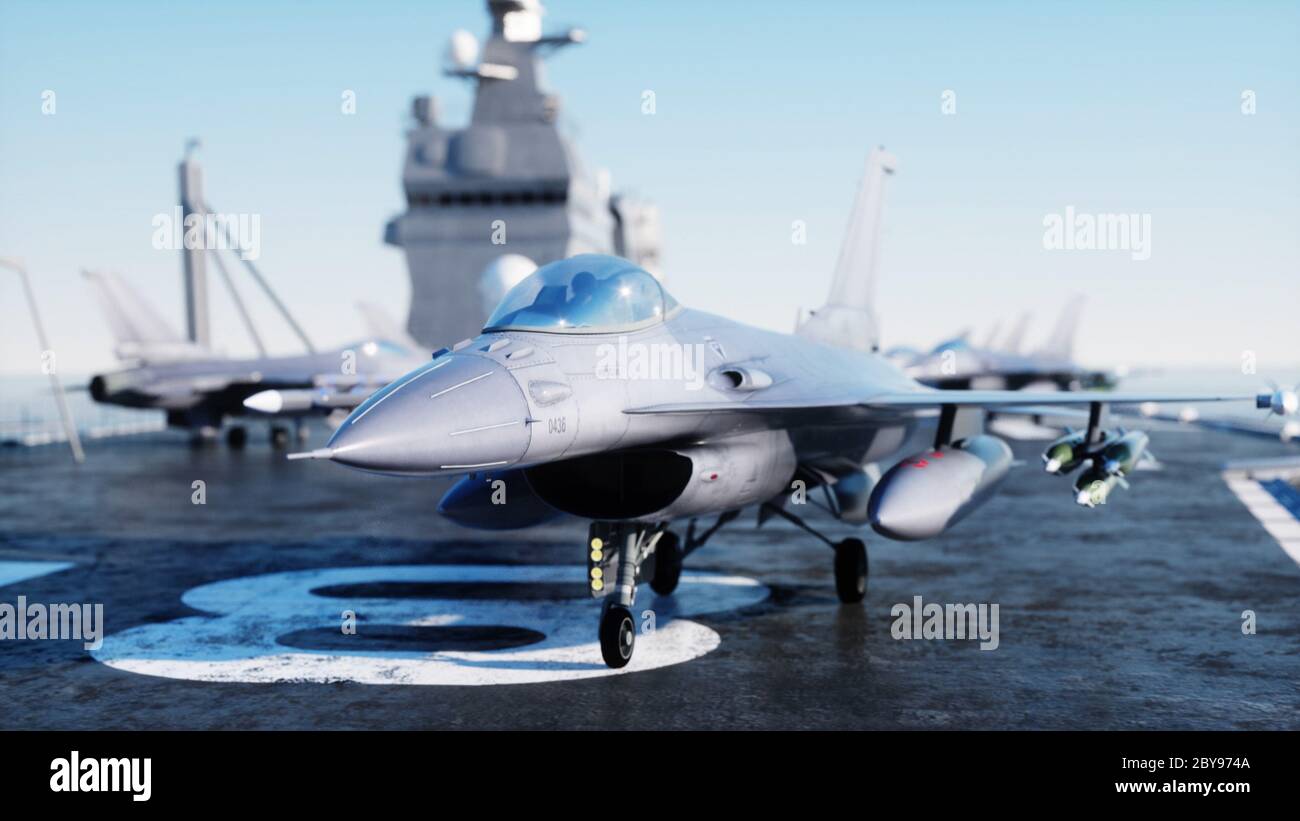 Jet f16, fighter on aircraft carrier in sea, ocean . War and weapon ...